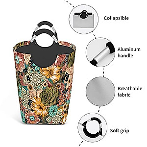SongYi Boho Laundry Basket with Handles, Collapsible Waterproof Laundry Bag Washing Bin, Bohemian Flowers Pattern Large Foldable 50 L