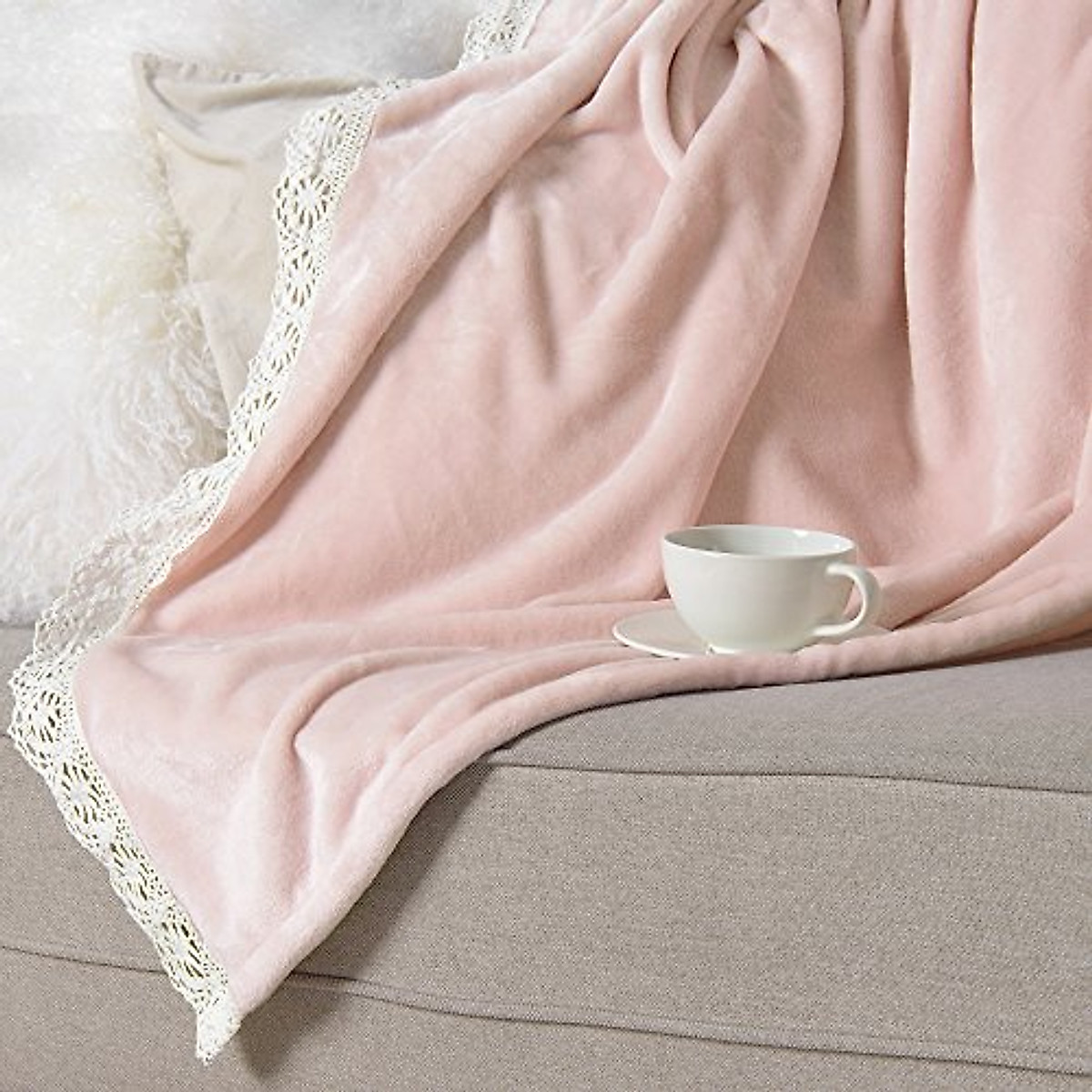 Best Home Fashion Lace Trim Throw - 58" W x 60" L - Dustypink