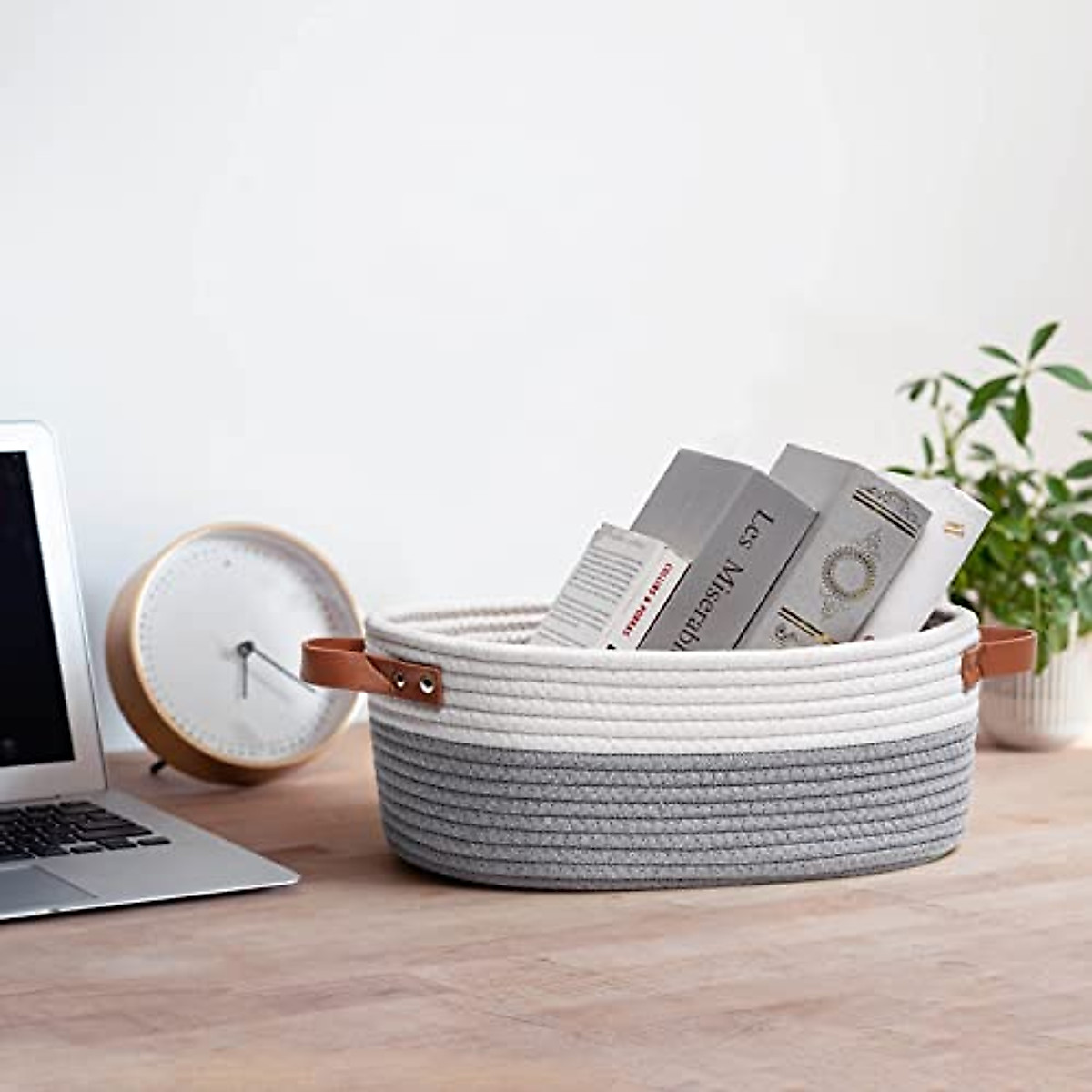 CHICVITA Toliet Paper Basket Towel Storage Basket Dog Toy Basket Small Grey Decorative Basket with Handle for Shelf Storage, 12 x 8 x 5 inches, 2 Pcs