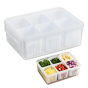 CurcKua Fridge Storage Containers Kitchen Scallion Storage Box 6-in-1 Snackle Box Container with Lid Plastic Reusable Fridge Vegie Fruit Food Fresh-Keeping Drain Box.
