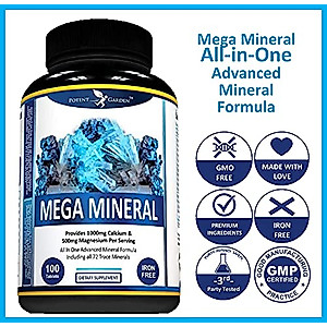Potent Garden Mega Mineral Supplement Complete Mineral Complex with Calcium Magnesium Zinc Potassium Boron Selenium Chromium & 72 Trace Minerals Iron Free Calcium Supplement -100 Pills