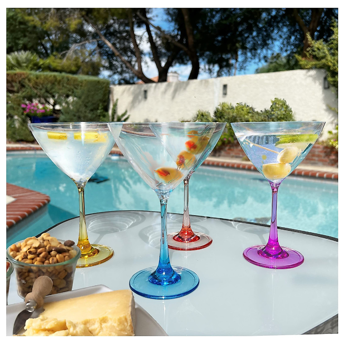 Lily's Home Unbreakable Plastic Martini Glasses with Colored Stem. Made of Shatterproof Polycarbonate Plastic and Ideal for Indoor and Outdoor Use, Reusable (9 oz. Each, Set of 4)