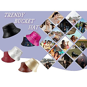 JAZTAKU Black PU Leather Bucket Hat Unisex Fisherman Cap Rain Hat Bonnie Hats Pu Camping Caps
