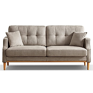 ARCLIS 70" Mid-Century Modern Loveseat with 2 Throw Pillows, Fabric Sofa for Living Room with Solid Wood Leg, Button Tufted Upholstered Couch with USB Charging Ports for Small Space