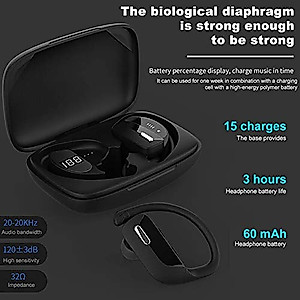 Wireless Earbuds Bluetooth Headphones, BD&M Sport Earphones with LED Display TWS Stereo Deep Bass Ear Buds with Earhooks Waterproof in-Ear Built-in Mic Headset for Running Workout - Black