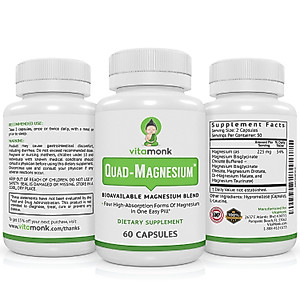 Quad Magnesium Blend by Vitamonk - with Magnesium Orotate, Glycinate Chelate, Magnesium Taurate and Di- Magnesium Malate - High Absorption Magnesium Complex for Sleep, Heart, and Mood