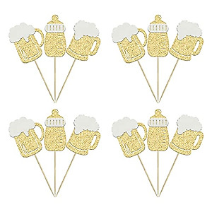 Gyufise 24Pcs Beer Mug Baby Bottle Cupcake Toppers Gold Glitter Baby Bottle Cupcake Picks Cheers Celebrating Baby Shower Birthday Party Cake Decorations