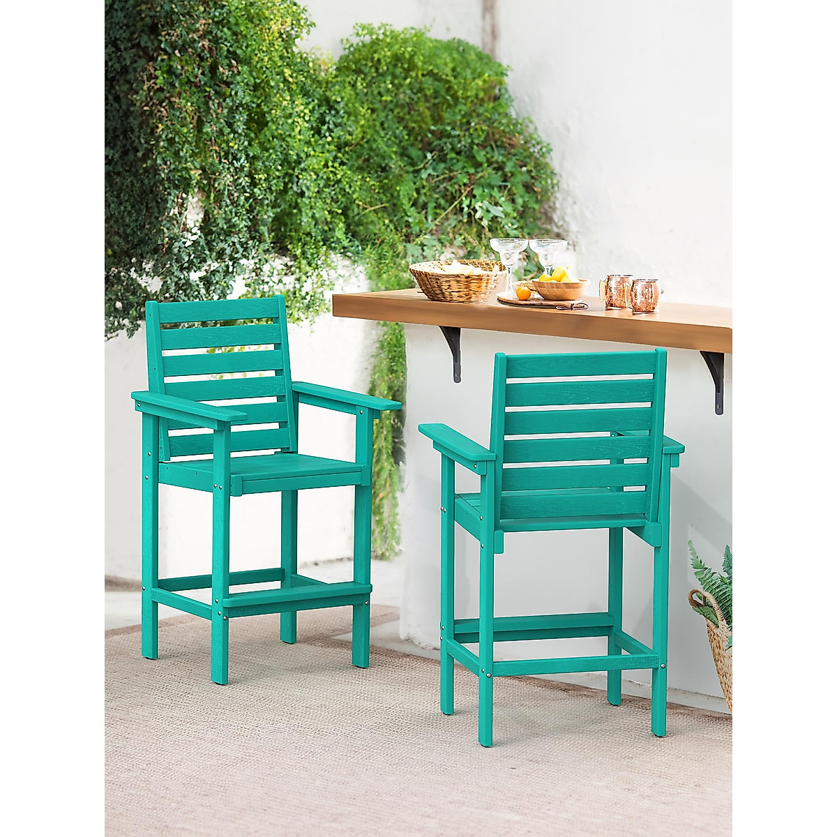 Homenjoy Tall Adirondack Chair Set of 2, HDPE Weather Resistant Patio Bar Stools, Heavy Duty Bar Height Adirondack Chairs with Footrest, 26 inch High Balcony Chair for Deck Pool, Blue Turquoise