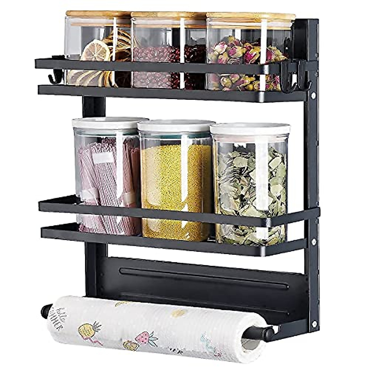 PINNIYOU Magnetic Spice Rack with Paper Towel Holder for Mother's Day Gifts, Magnetic Shelf with 4 Hooks for Refrigerator, 3 Tier Magnetic Fridge Organizer for Kitchen Storage Spices, Pepper, Black