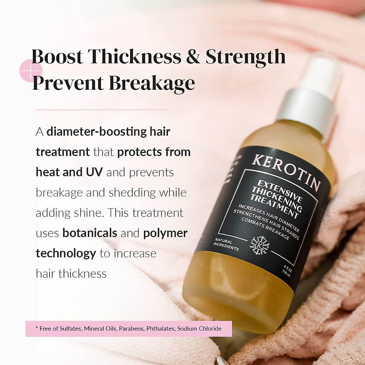 Kerotin Hair Thickening Spray with Keratin for Fine & Thin Hair Growth in Women, Heat Protectant, Repair Mist for Volume, Body & Shine, Diameter Booster, Natural, Sulfate & Cruelty Free, Made in USA