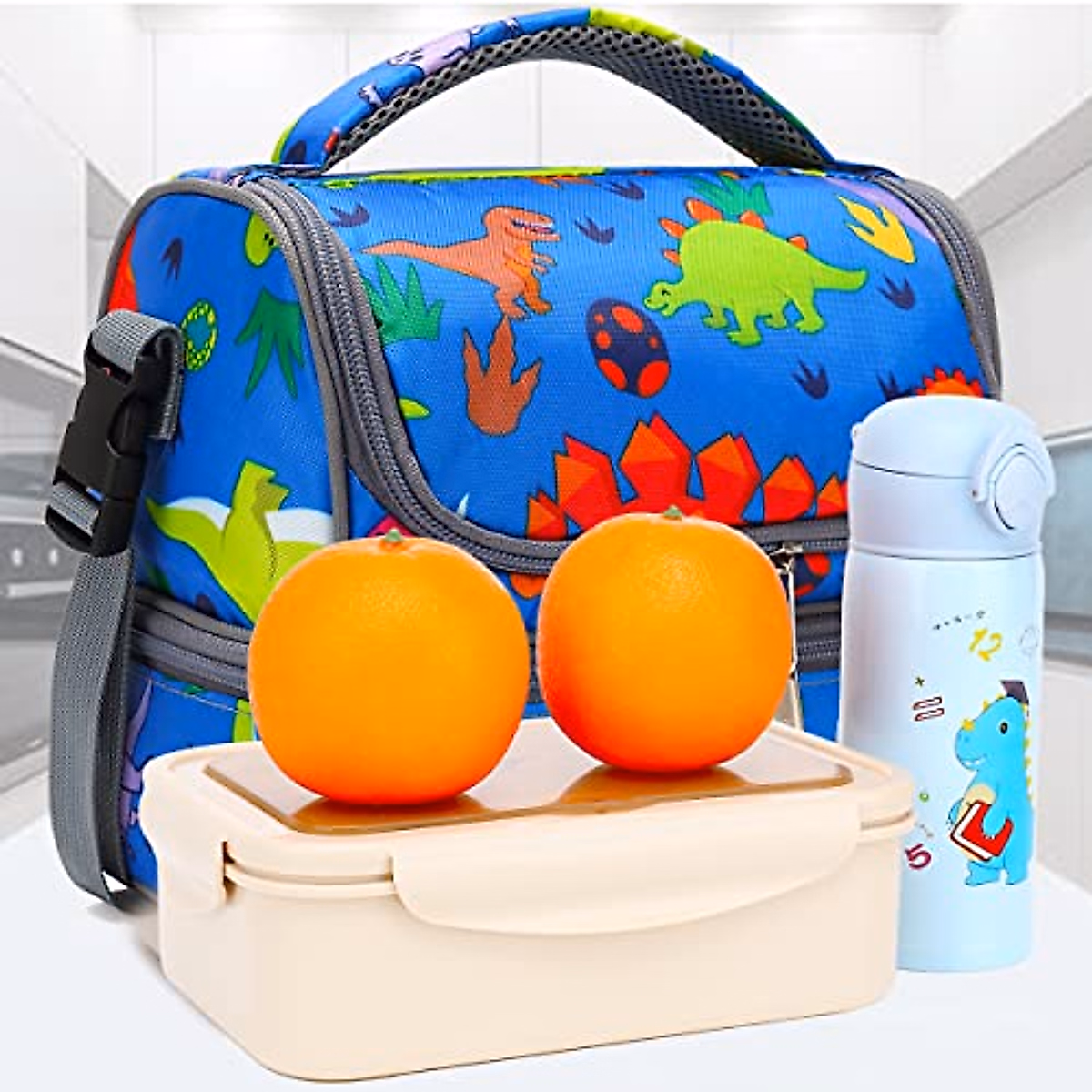 FlowFly Kids Double Decker Cooler Insulated Lunch Bag Large Tote for Boys, Girls, Men, Women, With Adjustable Strap, Dinosaur
