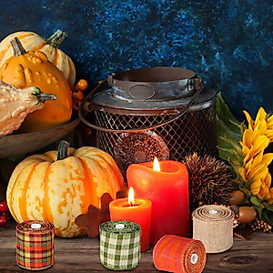 Syhood 4 Rolls Fall Ribbons Wired Thanksgiving Autumn Plaid Burlap Ribbons Wired Edge Ribbons for Wrapping DIY Crafts Floral Bows Wreath Making Supplies Gifts Decoration, 24 Yards in Total, 4 Styles