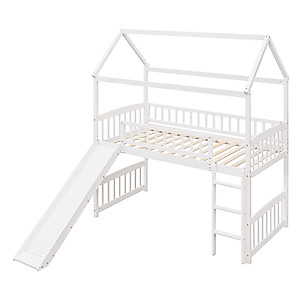 Twin Loft Bed with Slide, Wood House Loft Bed Twin with Slide and Safety Guardrail, Kids Twin Bedframe with Slide, House Loft Bed for Kids Teens Boys Girls, No Box Spring Needed (White, Twin)