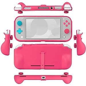 Orzly Grip Case Compatible for use with Nintendo Switch Lite – Case with Comfort Padded Hand Grips, Kickstand, & Pack of Thumb Grips - Pink