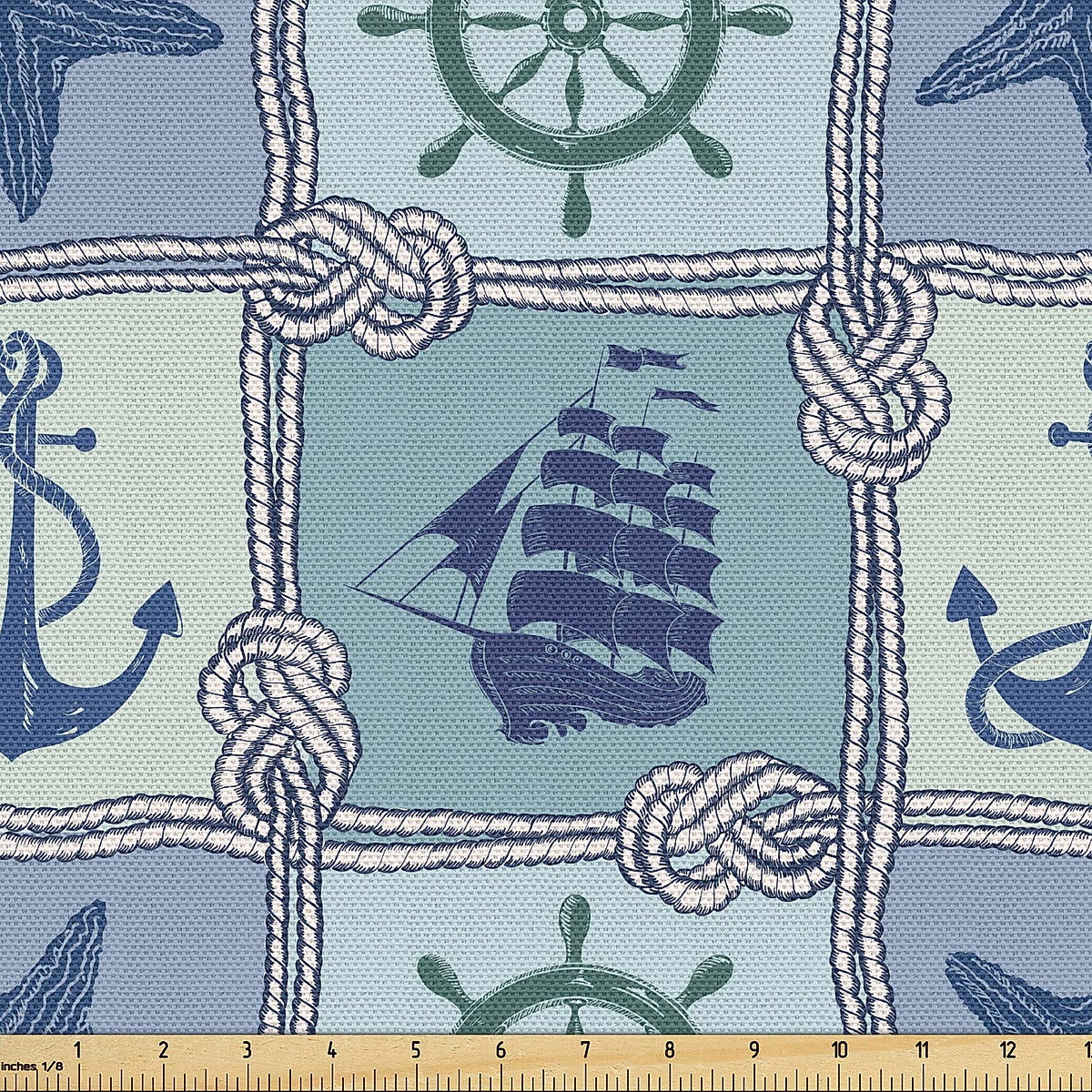 Lunarable Ship Fabric by The Yard, Nautical Themed Art Marine Starfish Wheel Anchor and Vessel Sailor's Knot, Decorative Fabric for Upholstery and Home Accents, 2 Yards, Teal Blue