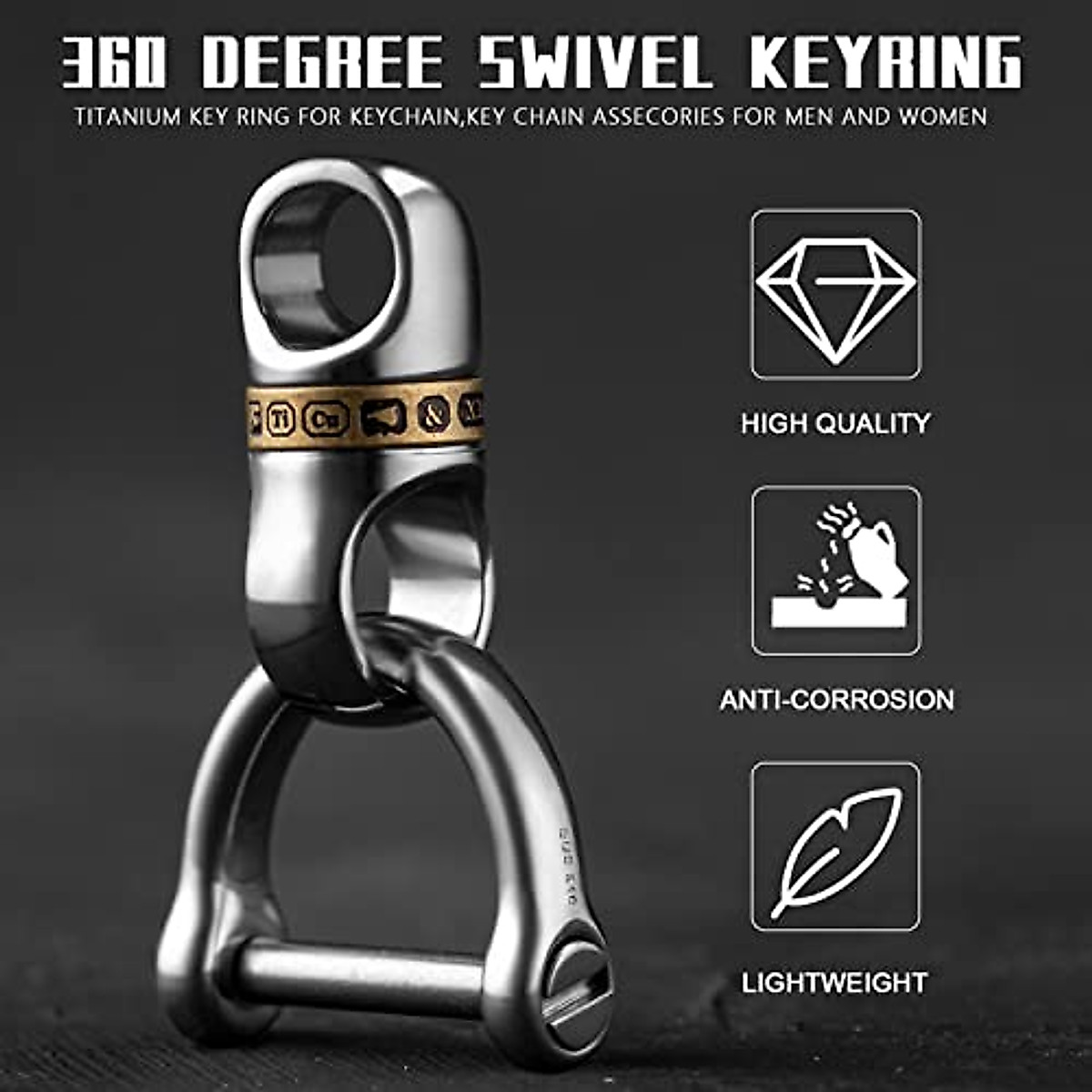 TISUR Titanium Key Ring for Keychain,Carabiner Key Chain Rings Connector with Detachable Keyring,Key Chain Assecories (1PC Titanium Copper Swivel +1PC SUS D-ring)