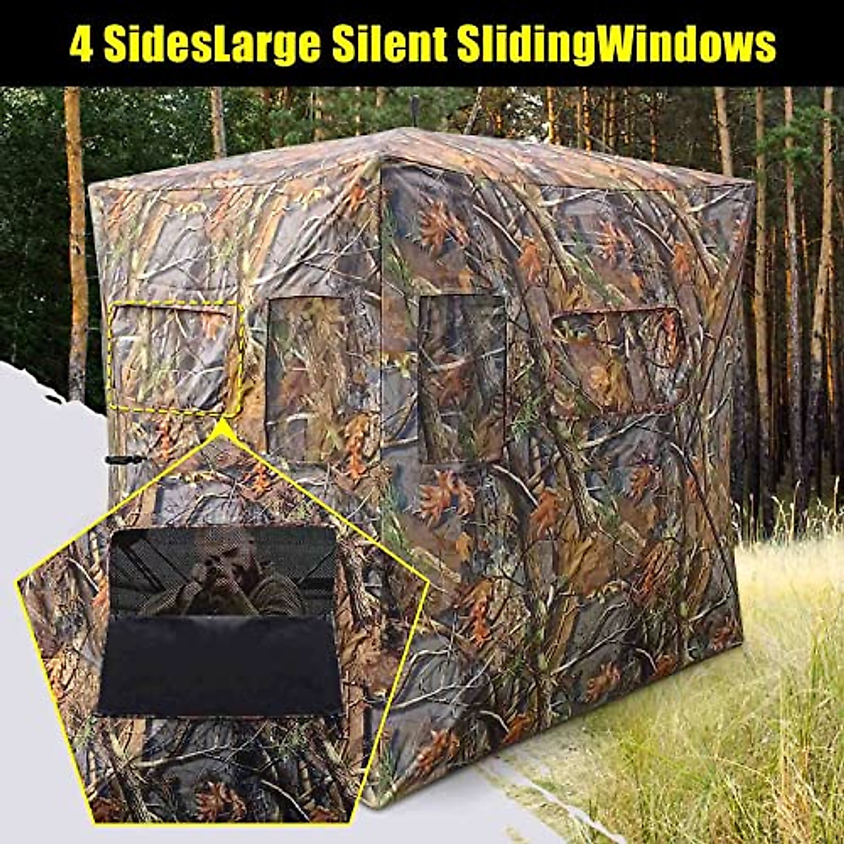 66FIT Hunting Blind 360 Degree See Through 2-3 Person Portable Pop Up Deer Blind for Hunting with Sliding Windows & Carrying Bag Ground Blind for Deer Hunting Turkey Hunting