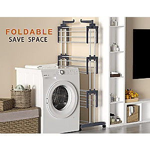 HOMIDEC Clothes Drying Rack, Oversized 4-Tier(67.7" High) Foldable Stainless Steel Drying Rack Clothing, Movable Drying Rack with 4 castors, 24 Drying Poles & 14 Hooks for Bed Linen, Clothing, Grey