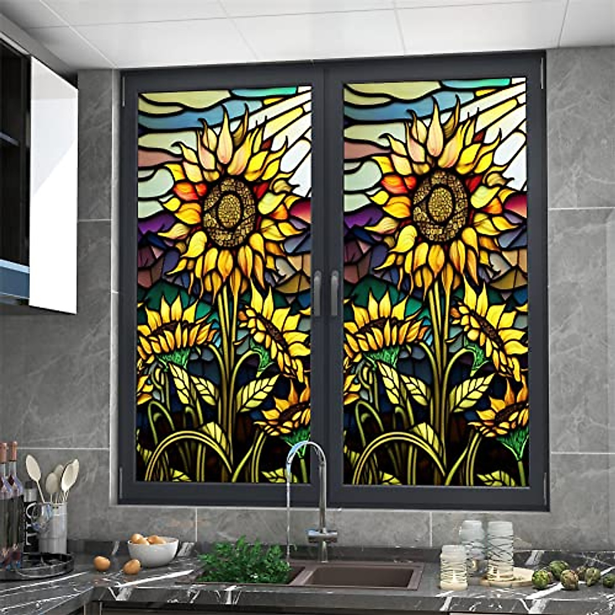 CREATIVE HOBBIES Window Privacy Film Sunflower Window Clings Stained Glass Window Film 78.7" x 17.3" Frosted Glass Window Decor Bathroom Window Coverings Static Cling Non-Adhesive