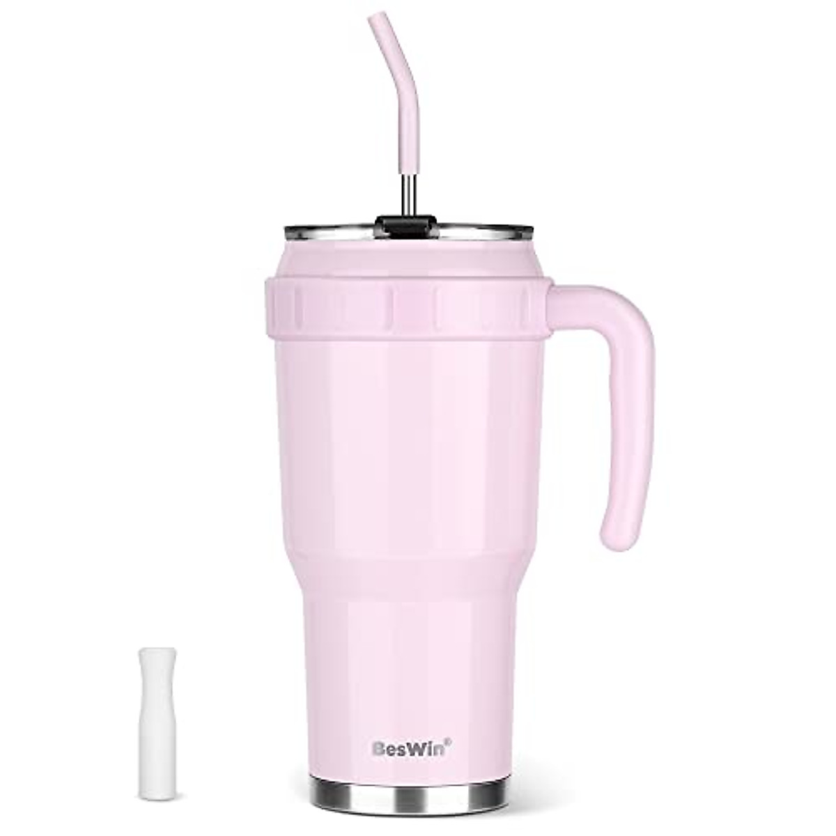 BesWin 40 oz Tumbler with Handle and Straw, Stainless Steel Vacuum Insulated Tumbler with Straw Lid - Travel Coffee Mug Iced Coffee Cup - Keeps Cold for 36 Hours, Leakproof - 40 oz, Pale Pink