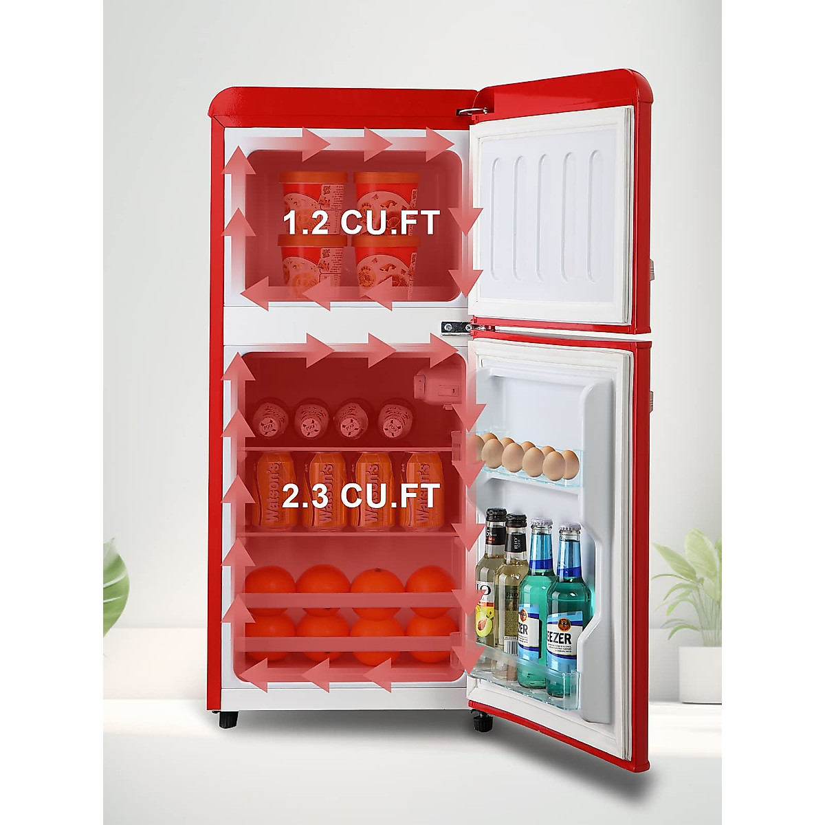 KRIB BLING 3.5 Cu.Ft Refrigerator with Freezer Double Door 7 Level Adjustable Thermostat for Dorm, Bar, Office,Kitchen, Apartment Red (KB02 FLS-80G-RED)