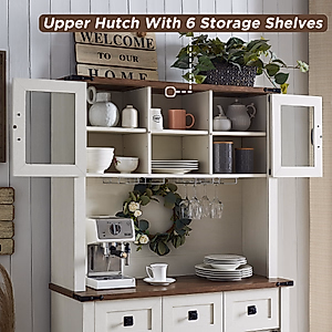 OKD 72" Farmhosue Bar Cabinet with Sliding Barn Door, Large Kitchen Buffet with Hutch w/Wine & Glasses Rack, 3 Drawers, 12 Storage Shelves, Rustic Coffee Bar Sideboard Table, Antique White