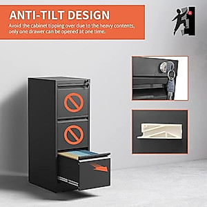 BIZOEIRON 3 Drawer File Cabinet with Lock, Metal Vertical Filing Cabinets for Home Office, Steel Storage Cabinet for Hanging Legal/Letter Size Files, Assembly Required (Black)