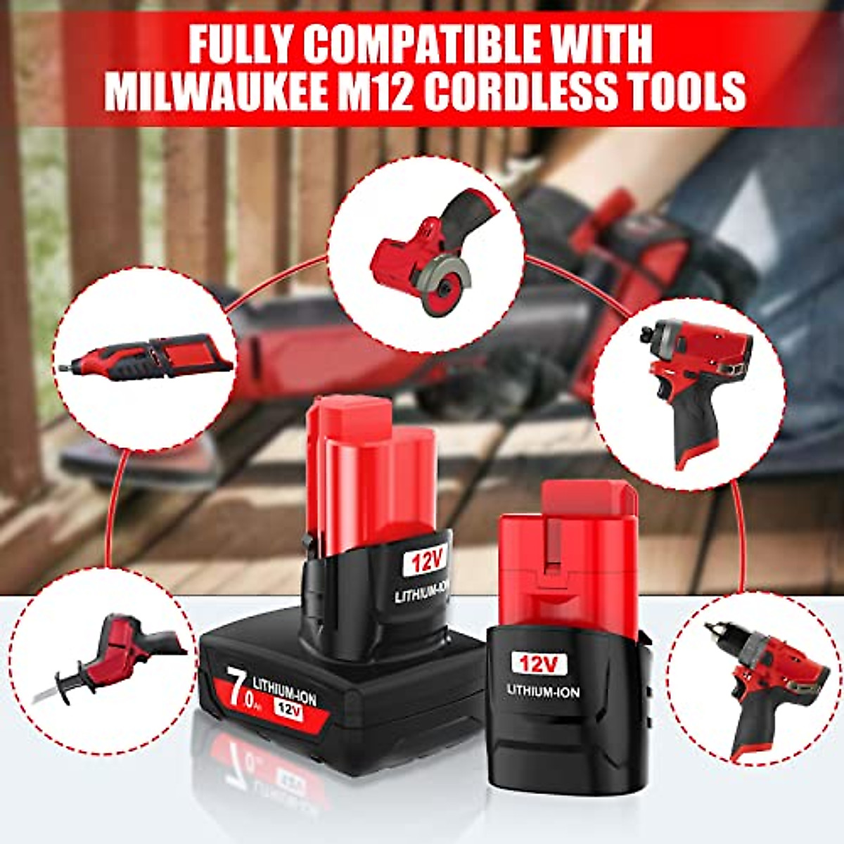 Bonacell 2 Pack Replacement for Milwaukee 12V Battery 3.0Ah and 7.0Ah Lithium Battery Packs Compatible with Milwaukee M12 Battery and Charger Kit