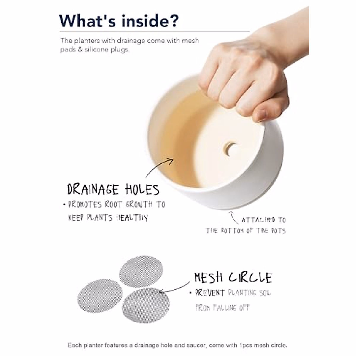 LE TAUCI Plant Pots Indoor, 4.3+5.3+6.8 Inch, Set of 3, Ceramic Planters with Drainage Hole and Saucer, Modern Indoor Flower Pot with Hole Mesh Pad, Gifts for Mom, Classic White