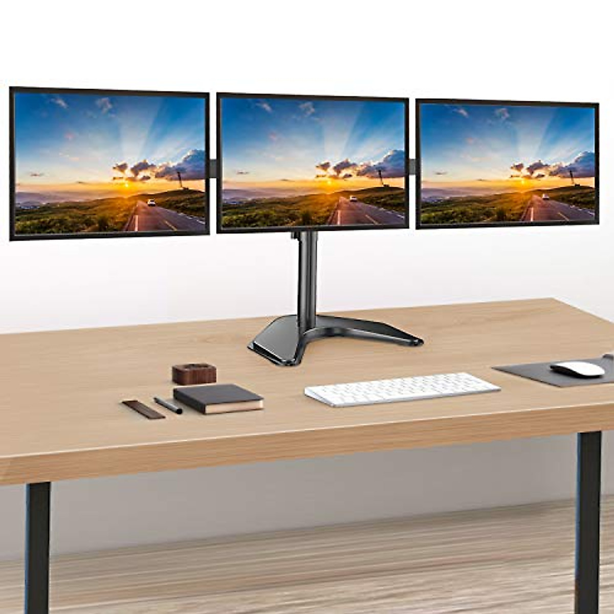 HUANUO Triple Monitor Stand, Free Standing Three Monitor Desk Mount for Screens Up to 24 inch, Heavy-Duty Fully Adjustable Monitor Arm, Holds Up to 22lbs Each, VESA 75x75 or 100x100