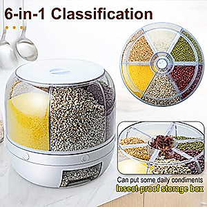WOWFUNNY Grain Dispenser, 8.2 Qt Rotating Rice Dispenser Storage Container, 6-Compartment Dry Food with Measuring Cup, Containers for Kitchen Small Grains, Beans, (8.2Qt)