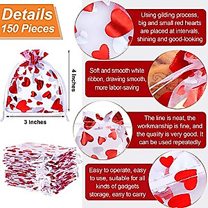 150 Pieces Valentine's Day Love Heart Organza Bags Drawstring Pouches Candy Goodies Bags Food Storage Bags for Valentine's Day Wedding Festival Party Supply, 3 x 4 Inches