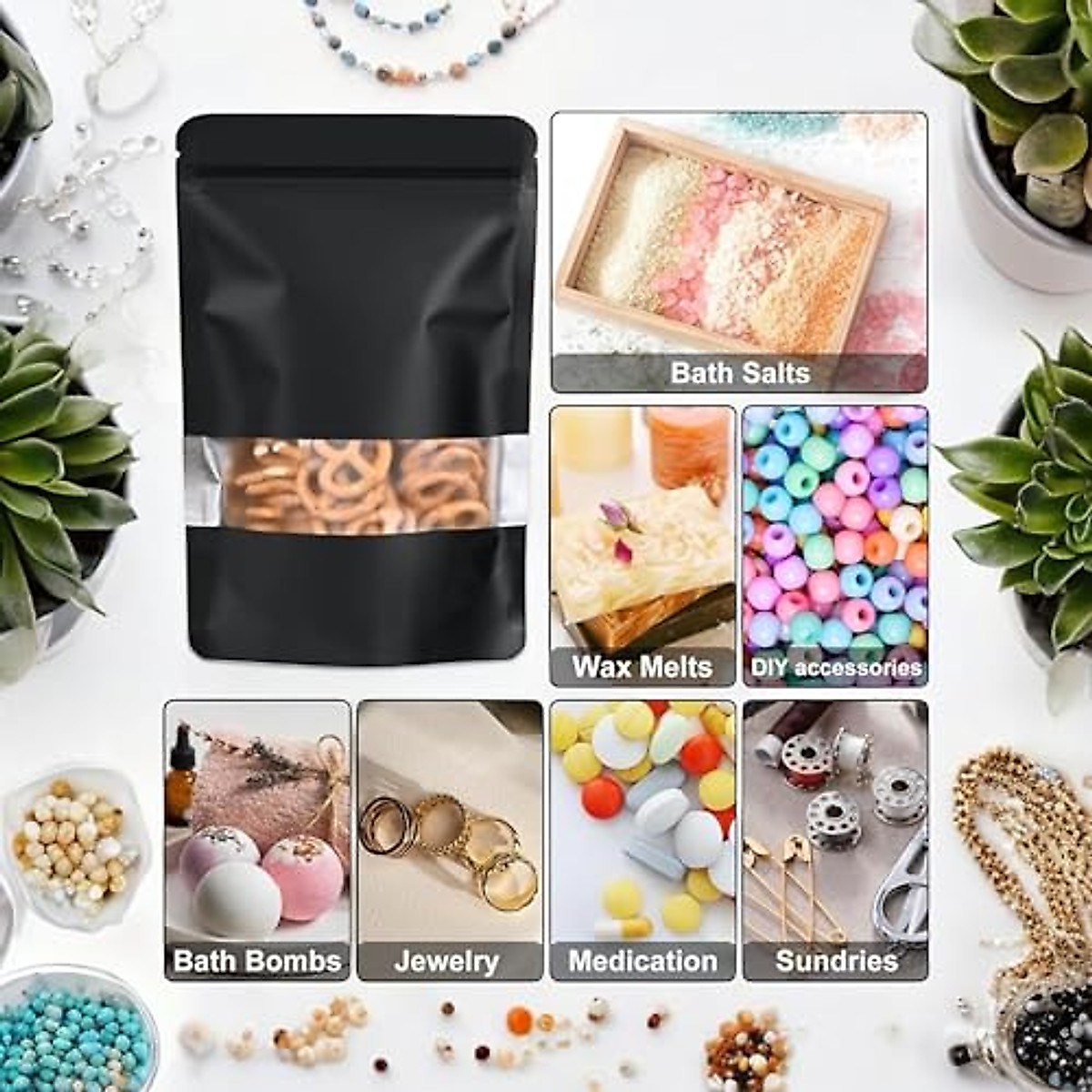 Boshmo Matt Stand Up Pouch Bags, 100 Pieces Reusable Zip Lock with Matt Window for Multi-purpose Storage (Black)