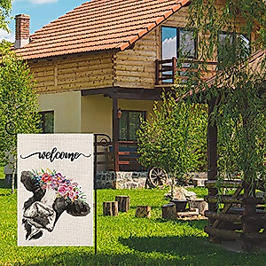 Spring Garden Flag Welcome Floral Crown Cow Garden Burlap Flag 12.5 x 18 Inch Vertical Double Sided Spring Summer Flags Outdoor Decorations Farmhouse Yard Home Decor