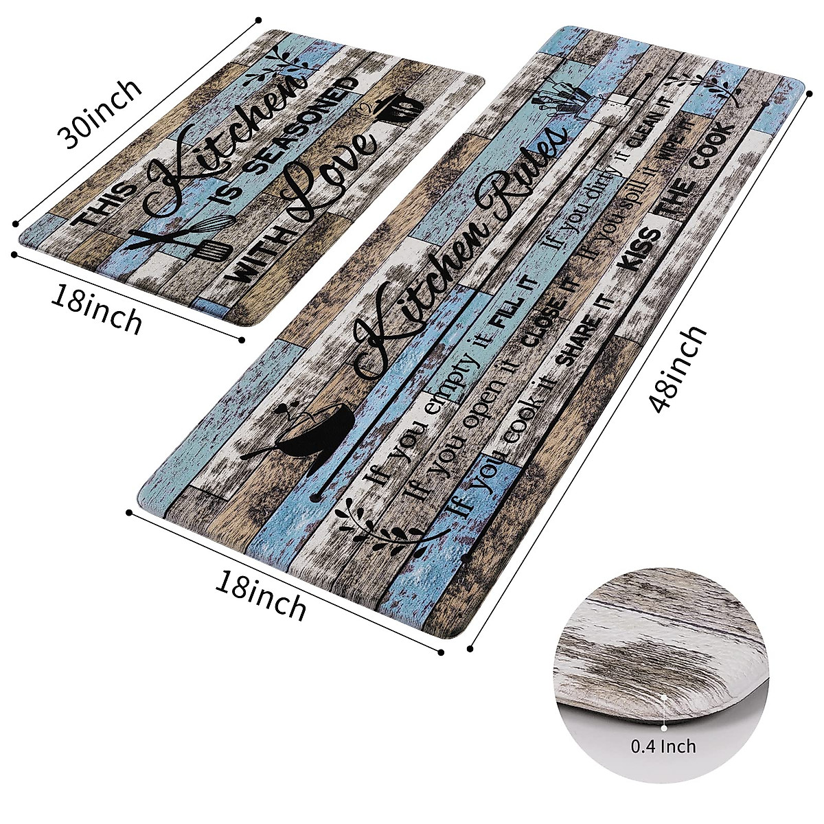 ASPMIZ Farmhouse Kitchen Rugs 2 Piece Anti Fatigue Kitchen Mats for Floor, PVC Memory Foam Kitchen Rug Waterproof, Non Slip Cushioned Comfort Mat for Standing, 18'' x 48'' + 18'' x 30'', Rustic Wooden