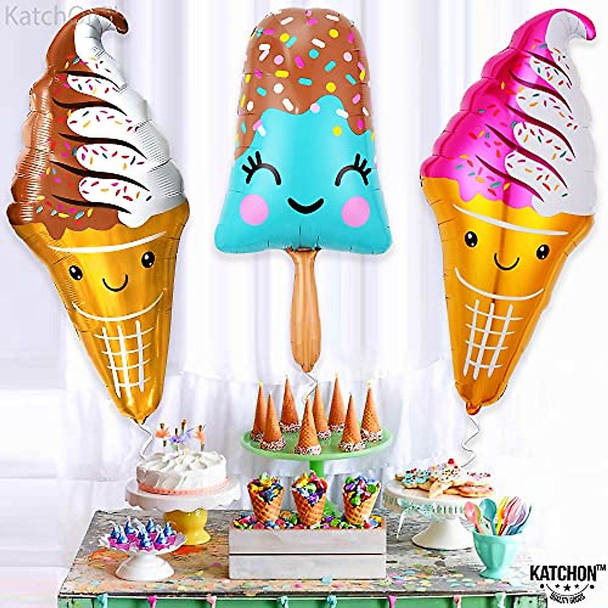 KatchOn, Giant Ice Cream Balloon - 39 Inch, Pack of 3 | Ice Cream Party Decorations | Popsicle Balloons for Ice Cream Birthday Party Decorations | Ice Cream Cone Balloon for Ice Cream Decorations