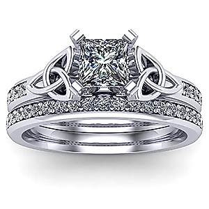 Engagement Ring for Women Bridal Ring Set 1-2/5 ct. tw. Princess Cut Moissanite Engagement Ring Set 10K Gold Celtic Wedding Ring Set for Her Anniversary Promise Rings