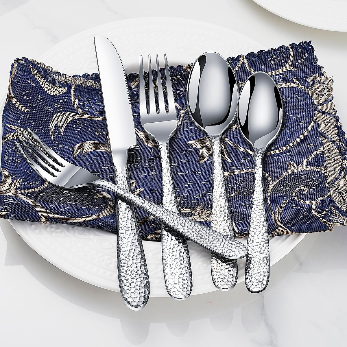 20-Piece Silverware Set, Hammered Stainless Steel Flatware Set, Heavy Duty Cutlery Set Service for 4, Mirror Polished, Smooth Edges, Utensil Set for Home and Restaurant, Dishwasher Safe