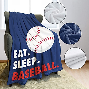 HommomH Sports Fleece Blanket 50" x 60" Eat Sleep Baseball Navy Blue Lightweight Fuzzy Cozy Soft Warm Throw for Man Boy Teen, Air Conditioning