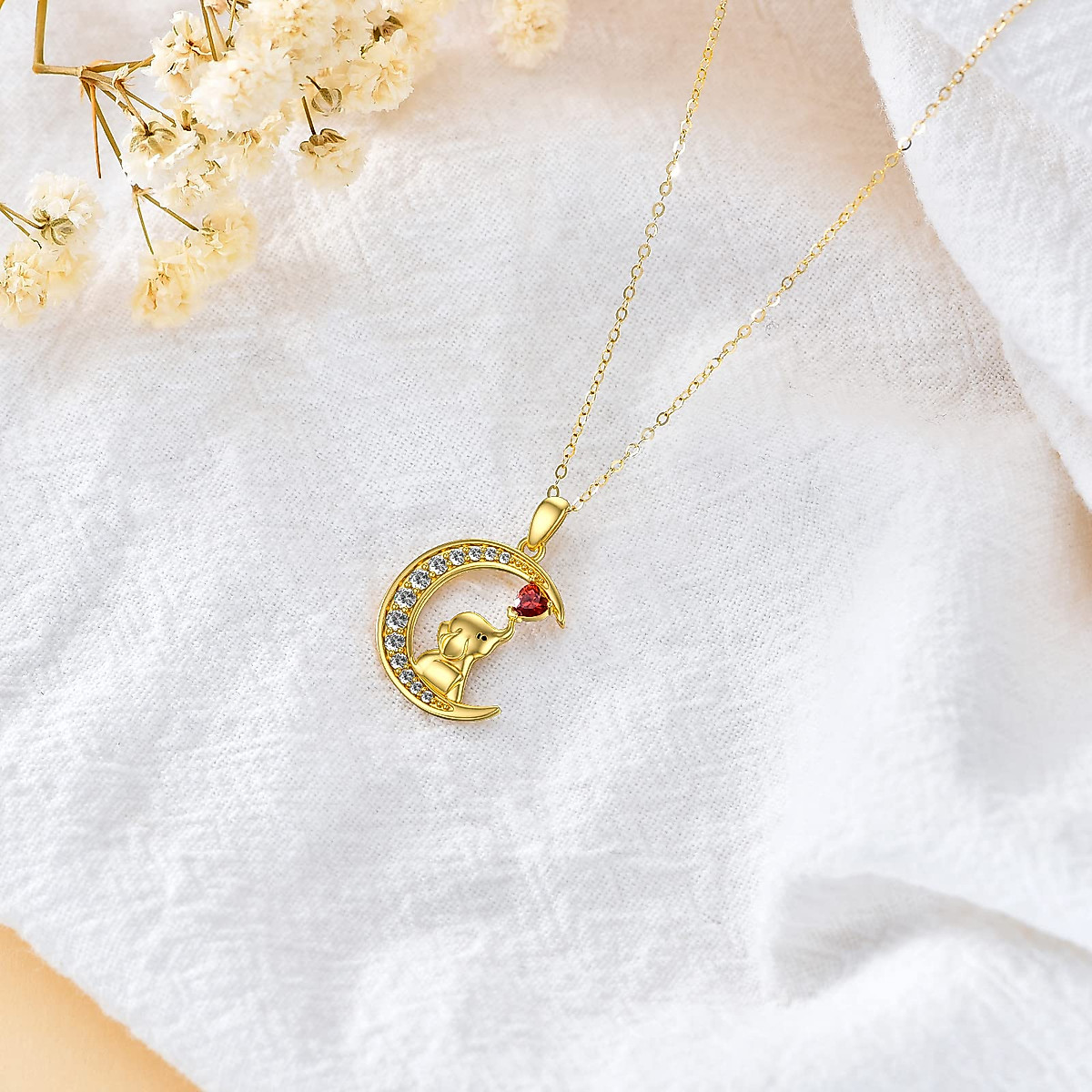 14K Gold Lucky Elephant Necklace with Garnet Moon Necklace with Moissanite Cute Animal Jewelry Gift for Women