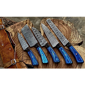 Handmade Damascus steel Chef Knives set with sharpener| 6 pcs of Professional Utility kitchen Knife Set with cleaver and leather Roll Bag