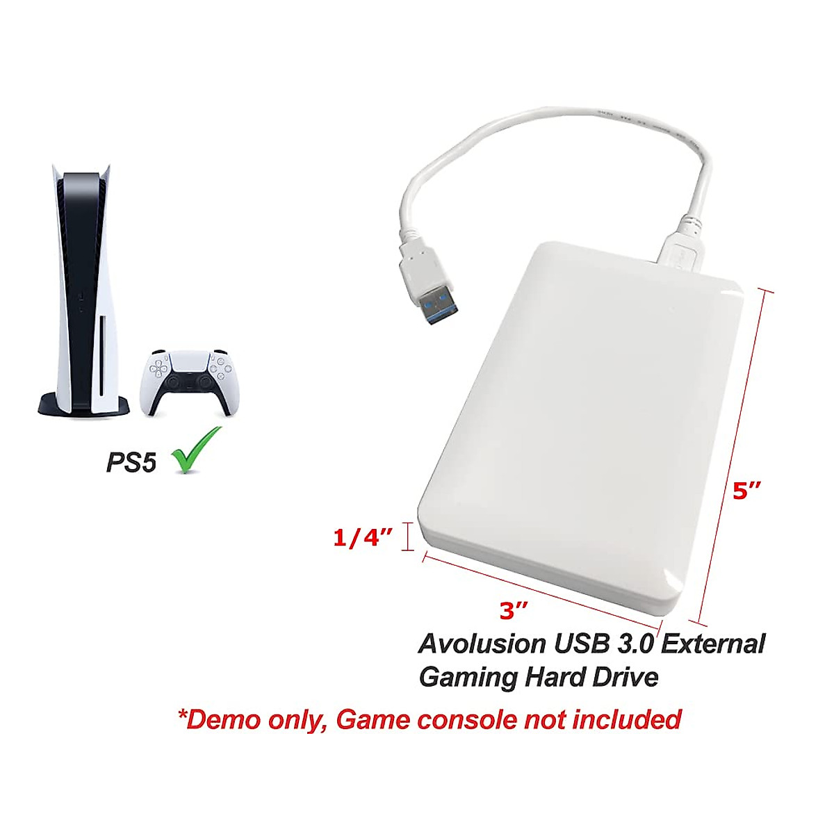 Avolusion HD250U3-Z1-PRO-WH 2TB USB 3.0 Portable External Gaming PS5 Hard Drive - White (for PS5 / PS4, Pre-Formatted) - 2 Year Warranty