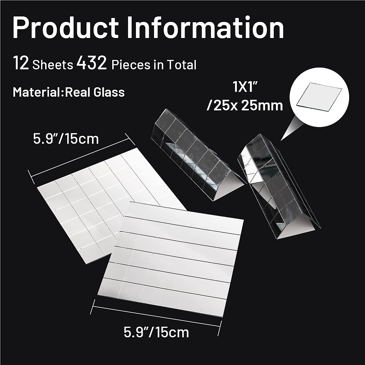 PP OPOUNT 432 Pieces Square Mosaic Tiles, 1 Inch Self-Adhesive Disco Ball Tiles, Real Glass Mirror Tiles for DIY Disco Balls, Mirror Frames, Table, Kitchen, Bathroom, Indoor Outdoor Decoration