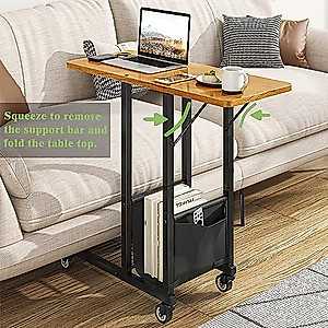 Simple Trending Side Table, C-Shape Folding Table with Wheels, Laptop Tray Table for Sofa and Bed, Living Room, Bedroom