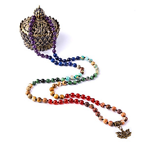 Bivei 7 Chakra 108 Mala Beads Bracelet Real Healing Gemstone Yoga Meditation Hand Knotted Mala Prayer Bead Necklace(Lotus OM-6mm beads)