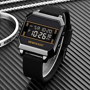 Digital Watch for Men, Yapeach LED Square Large Face Waterproof Outdoor Sport Silicone Wrist Watches for Men with Dual Time, Chrono, Alarm, EL Light, 12/24 H Clock, black, strap