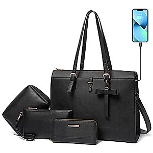 Keyli Laptop Tote Bag for Women Christmas Gifts Waterproof Leather Work Laptop Briefcase with Built-in USB Charging Port Computer Shoulder Bags Fits 15.6 Inch, Business Handbag Purse 4pcs Set Black