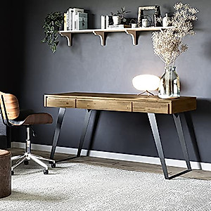 SIMPLIHOME Lowry SOLID WOOD and Metal Modern Industrial 54 inch Wide Home Office Desk, Writing Table, Workstation, Study Table Furniture in Distressed Golden Wheat with 2 Drawers