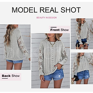 Dokotoo Sweater Women Ladies Cute Soft Thick Round Neck Solid Hollow Out Lace Crochet Autumn Cozy Long Sleeve Cable Knit Pullovers Sweaters for Women Large Gray