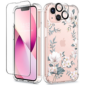 GVIEWIN Bundle - Compatible with iPhone 13 Case (Magnolia/White) + Magnetic Phone Ring Holder (Glitter/Silver)